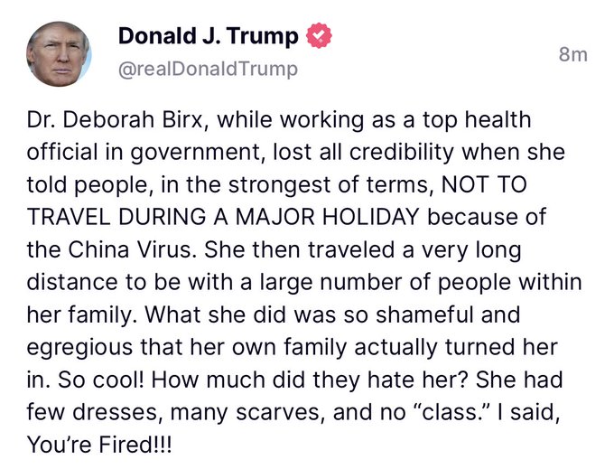 Trump Mocks Deborah Birx Wardrobe, Claims He Fired Her
