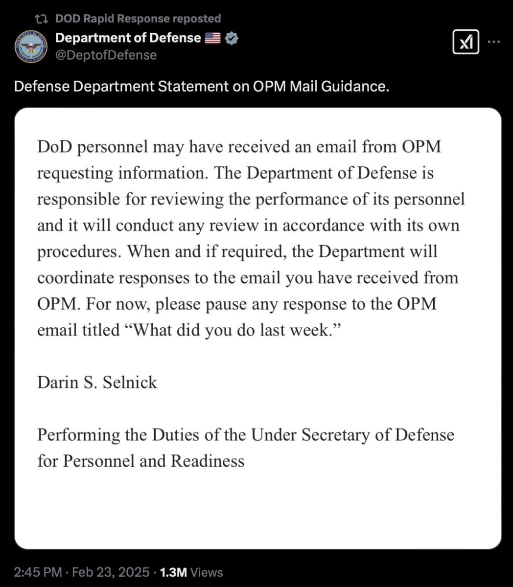 Defense Department Tells Employees: Ignore Musk's OPM Email