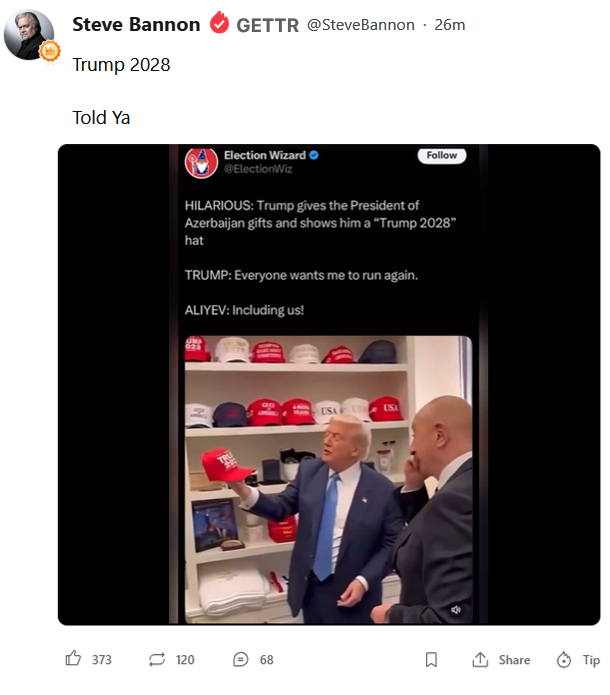 Azerbaijan President's Trump 2028 Remark Goes Viral, Steve Bannon Joins In