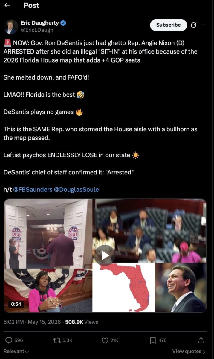 DeSantis Retweets Eric Daugherty Calling Angie Nixon Ghetto